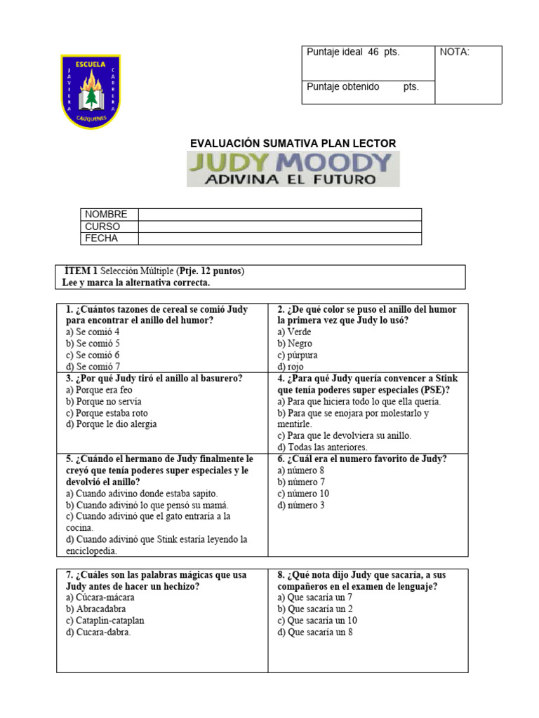 Evaluacion Judy Moody Adivina El Futuro | PDF