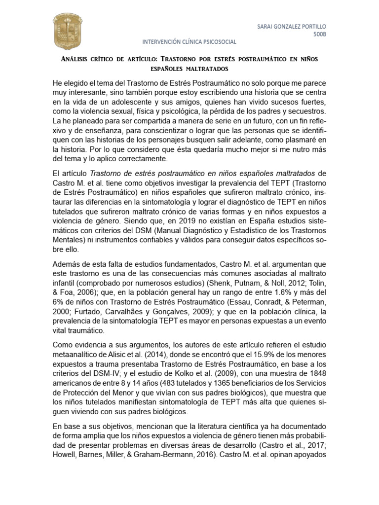 Análisis Crítico TEPT | PDF | Abuso infantil | Violencia