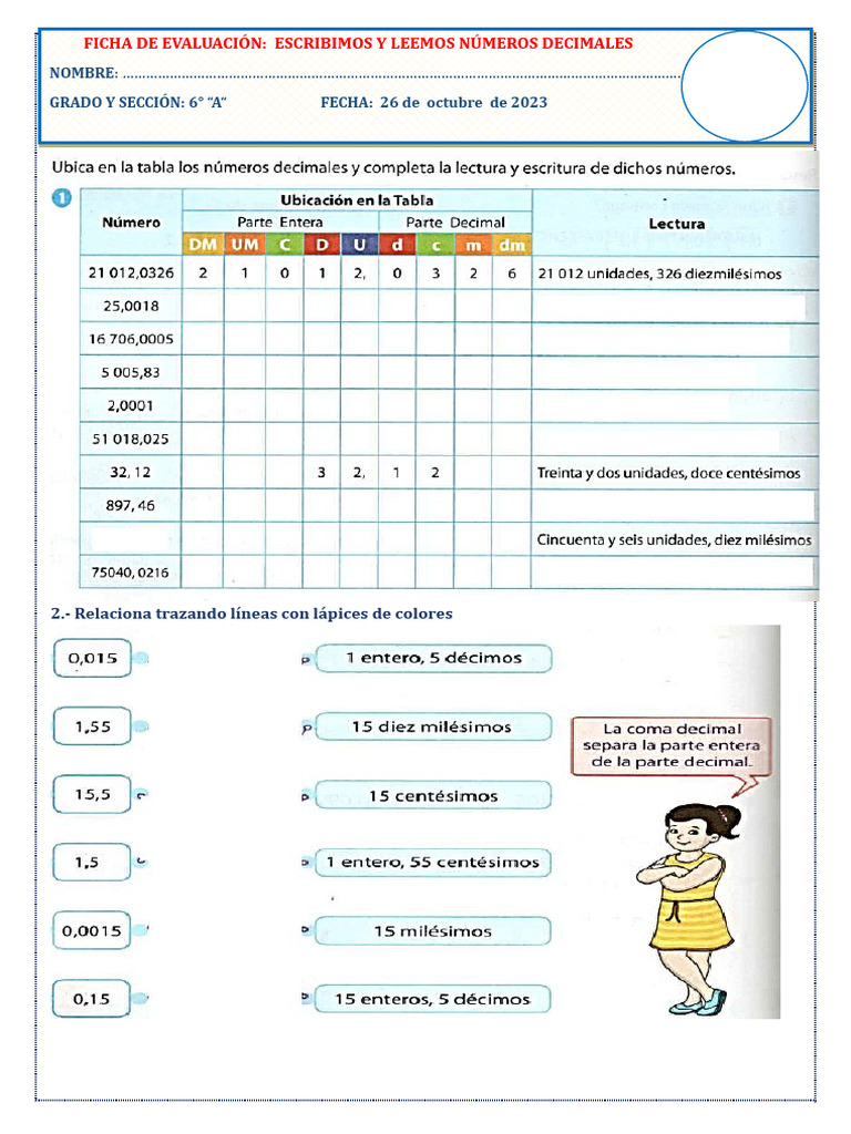 FICHA - Escribimos y Leemos Numeros Decimales | PDF FICHA - Escribimos y Leemos Numeros Decimales | PDF