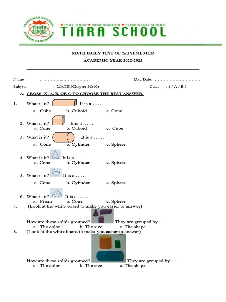 MATH DAILY TEST CHAPTER 9 and 10 SEMESTER 2 GRADE 1 2022-2023 | PDF