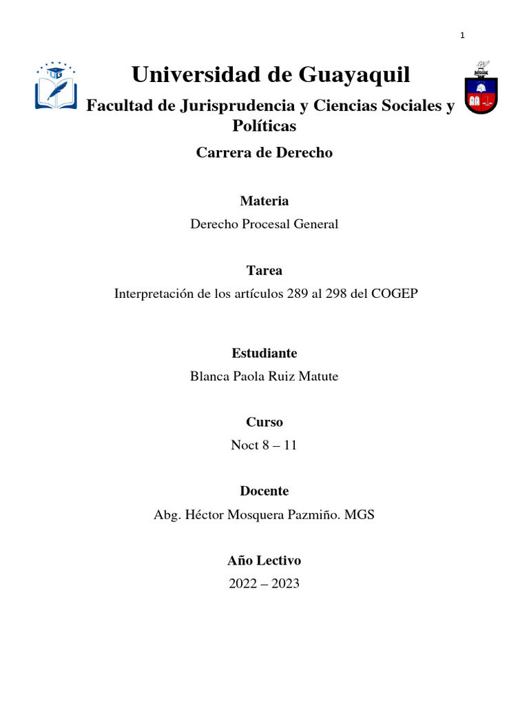Tarea 2 - Interpretación de Los Artículos 289 Al 298 Del COGEP | PDF ...