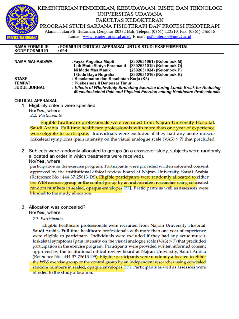 K3 - Kelompok 1 - Critical Appraisal | PDF | Health Sciences | Medical Specialties