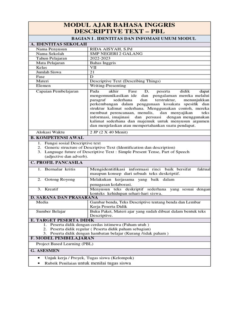 Modul Ajar Bahasa Inggris - Modul Ajar Bahasa Inggris Descriptive Text ...