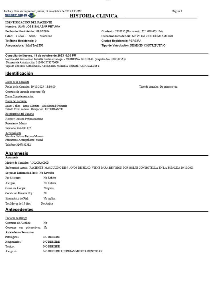 Historia Clinica Salud Total 2021 | PDF | Alergia | Dolor