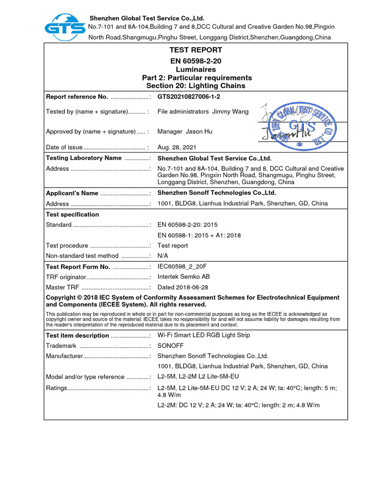 SONOFF L2-2M En-60598 Safety Report | PDF | Electrical Conductor ...