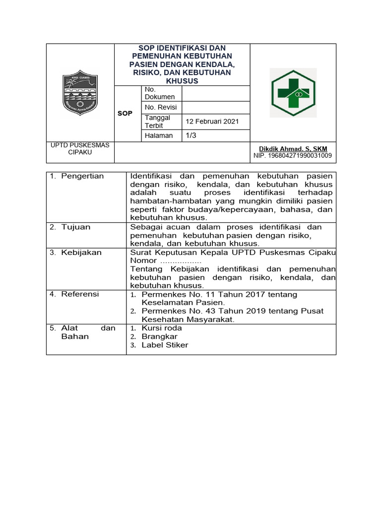 3.1.1 Ep A. Sop Identifikasi Dan Pemenuhan Kebutuhan Pasien Dengan Kendala | PDF