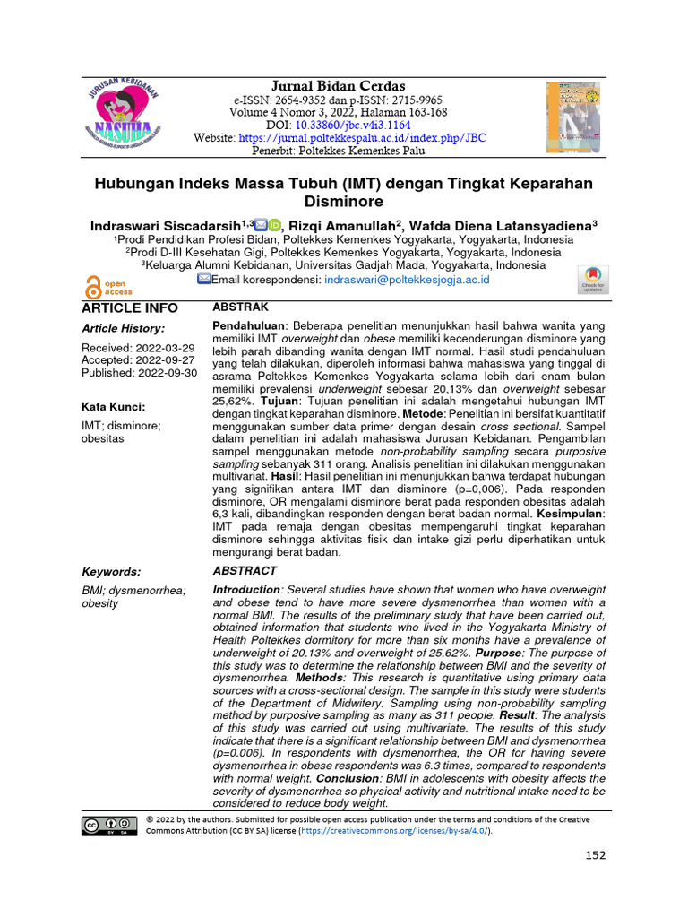 Hubungan Indeks Massa Tubuh (IMT) Dengan Tingkat Keparahan Disminore ...