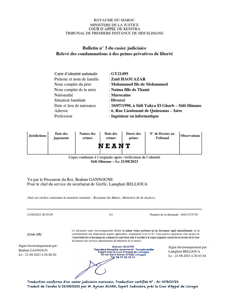 Bulletin n° 3 du casier judiciaire marocain | PDF