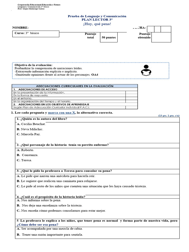 PRUEBA ¡Huy, Que Pena! 3° Básico | PDF | Artes del Lenguaje y Comunicación