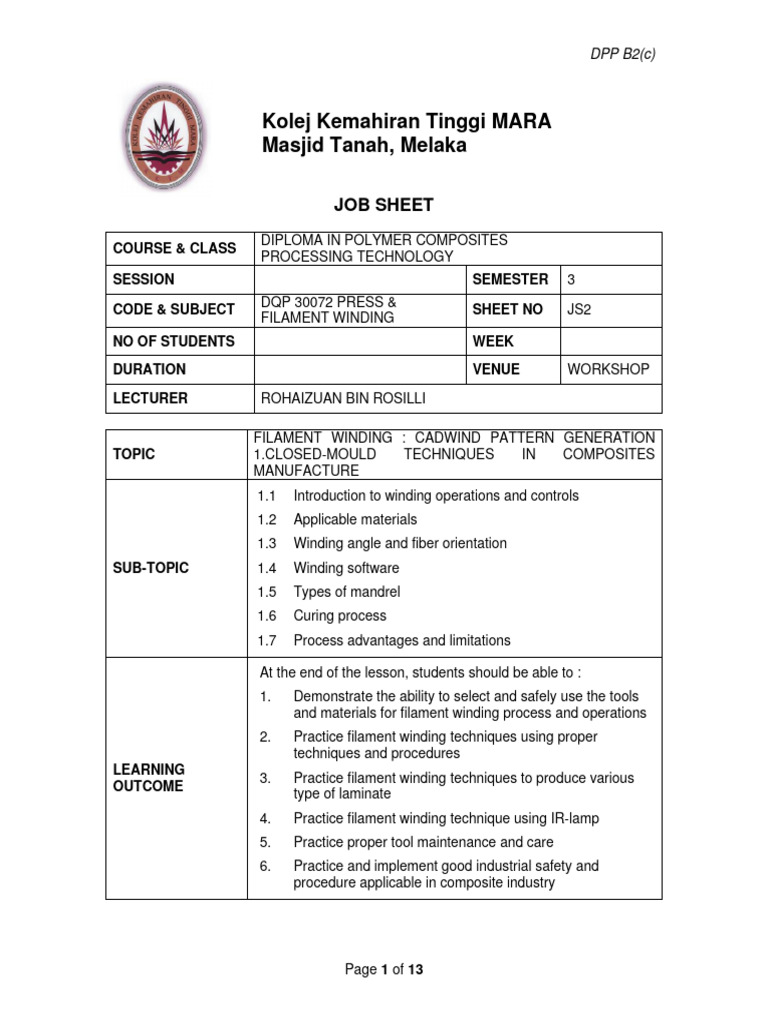 Jobsheet 2 Winding Cadwind 1 | PDF | Fiberglass | Density