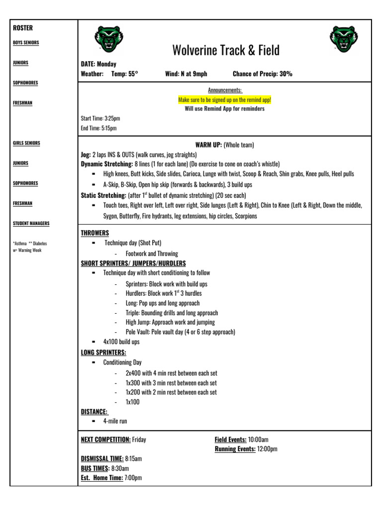 Track Practice Plan Example | PDF | Track And Field | Sport Of Athletics