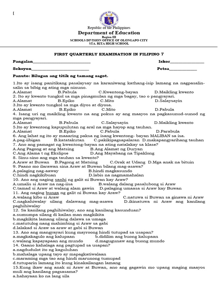 FIL7 For Quarterly Examination With TOS and Answer Key | PDF