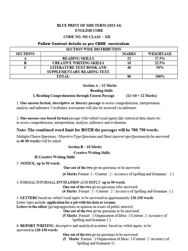 REVISED Grade XII Mid Term Blueprints 2023-24 17.6.23 | PDF | Reading ...