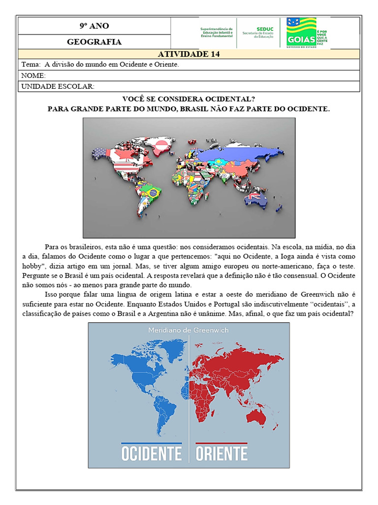 Atividade 9°ano-GEO-A-divisao-do-mundo-em-Ocidente-e-Oriente | PDF | Mundo ocidental | Império ...