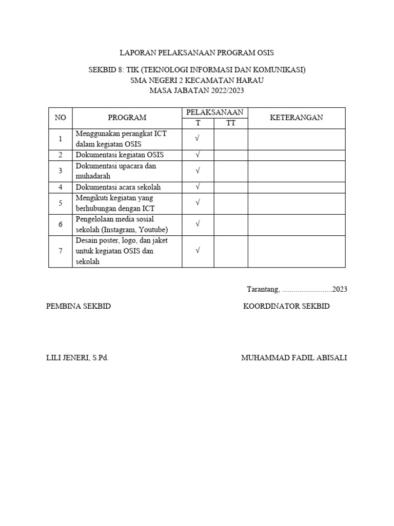Laporan Pelaksanaan Program Osis Sekbid 9 | PDF