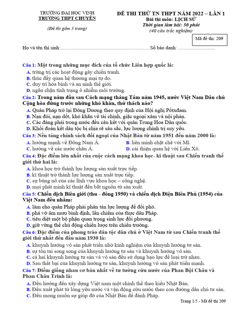 De Thi Thu TN THPT 2022 Mon Lich Su Lan 1 Truong THPT Chuyen DH Vinh Nghe An | PDF