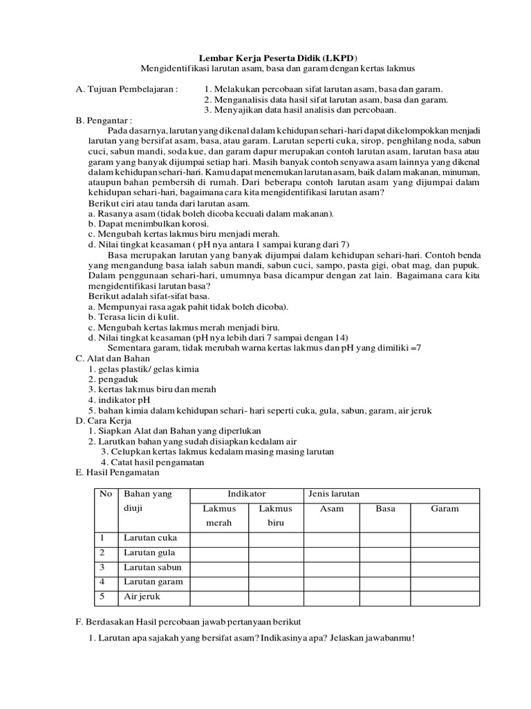 LKPD Asam Basa Dan Garam | PDF | Memasak, Makanan, & Anggur