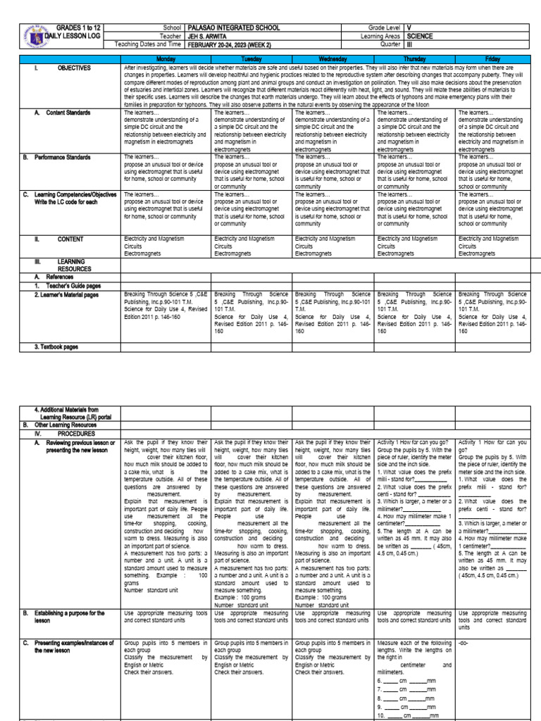 Grade 5 DLL Science 5 q3 Week 2 | PDF | Weight | Mass