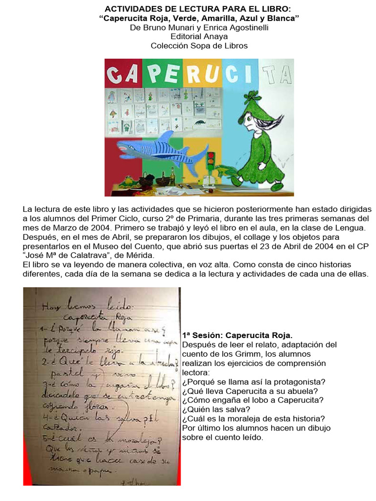 ACTIVIDADES DE LECTURA PARA EL LIBRO - Docx CAPERUCITA ROJA, BLANCA ...