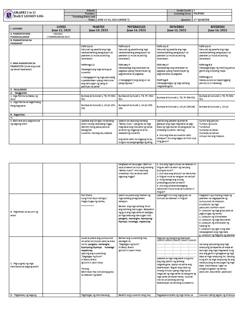 DLL Filipino-1 Q4 W7-2 | PDF