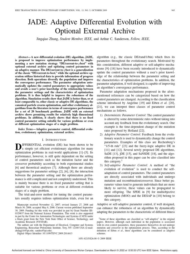 Jade Adaptive Differential Evolution With Optional External Archive Pdf Applied Mathematics