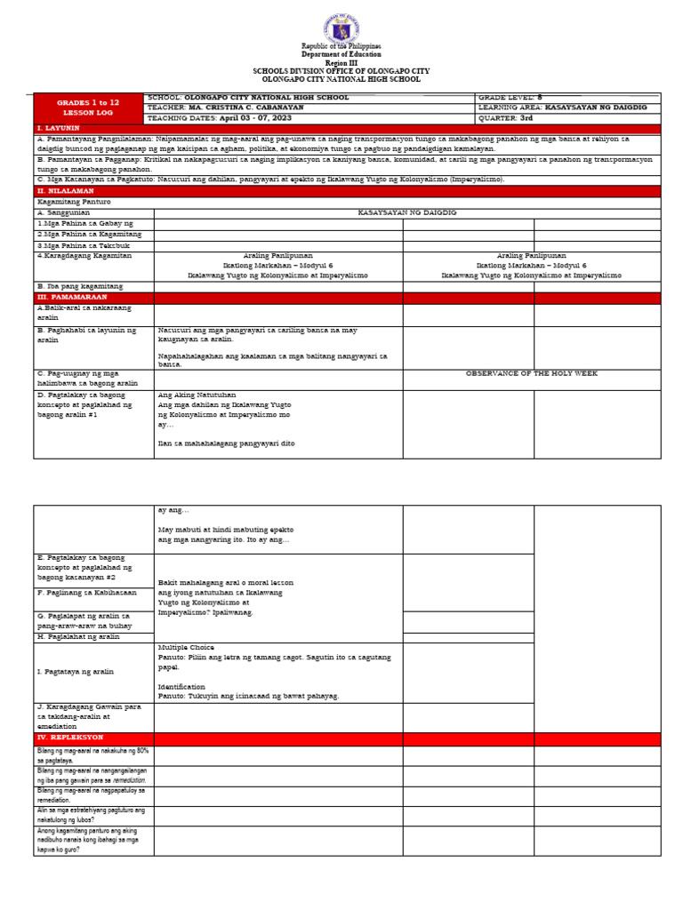 GRADE 8 DLL Apr 3-7, 2023 | PDF