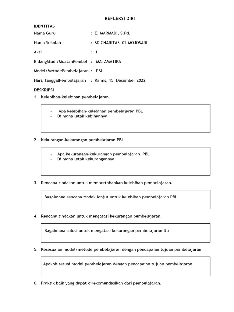Contoh Instrumen Refleksi Pembelajaran | PDF