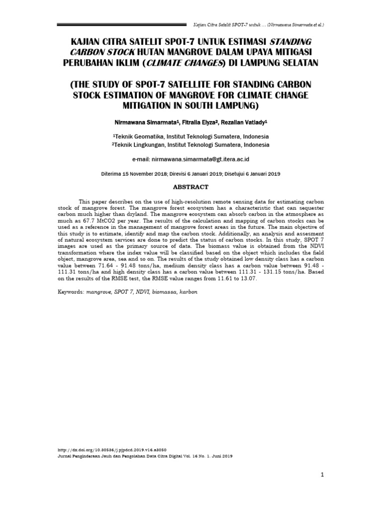 Jurnal. Citra Satelit SPOT-7 Untuk Estimasi Cadangan Karbon Mangrove ...