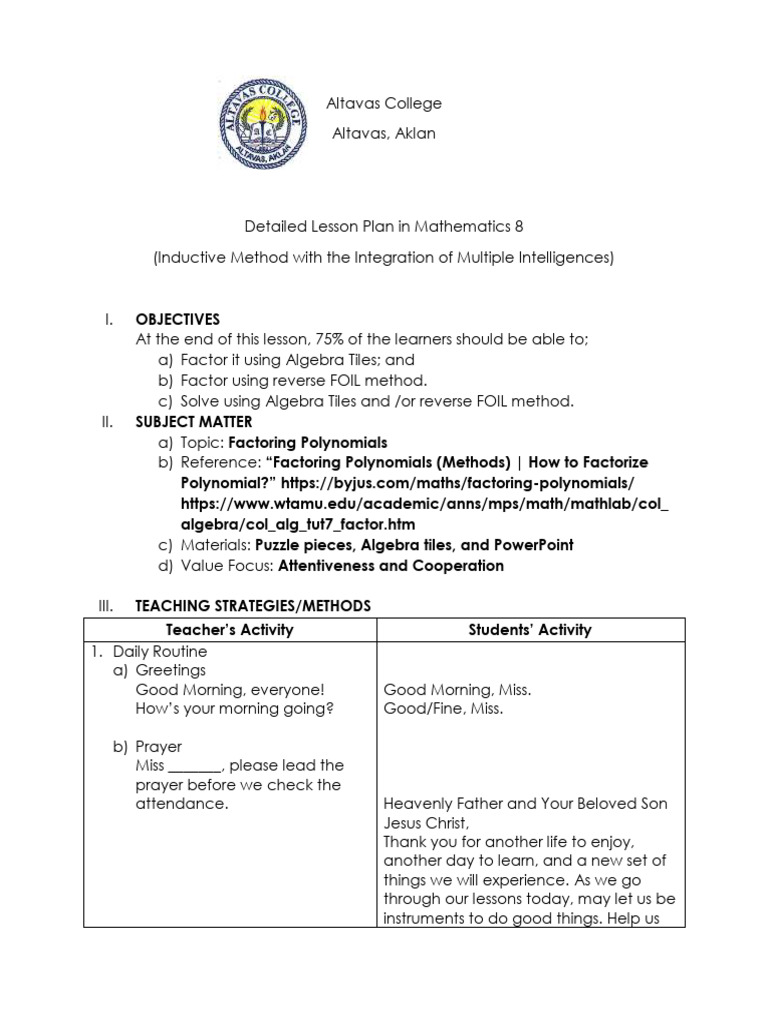 Lesson Plan | PDF | Factorization | Algebra