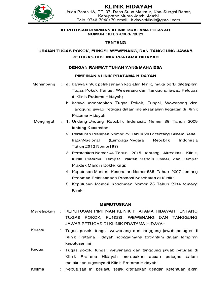 SK Uraian Tugas Dan Wewenang Klinik Pratama Hidayah | PDF