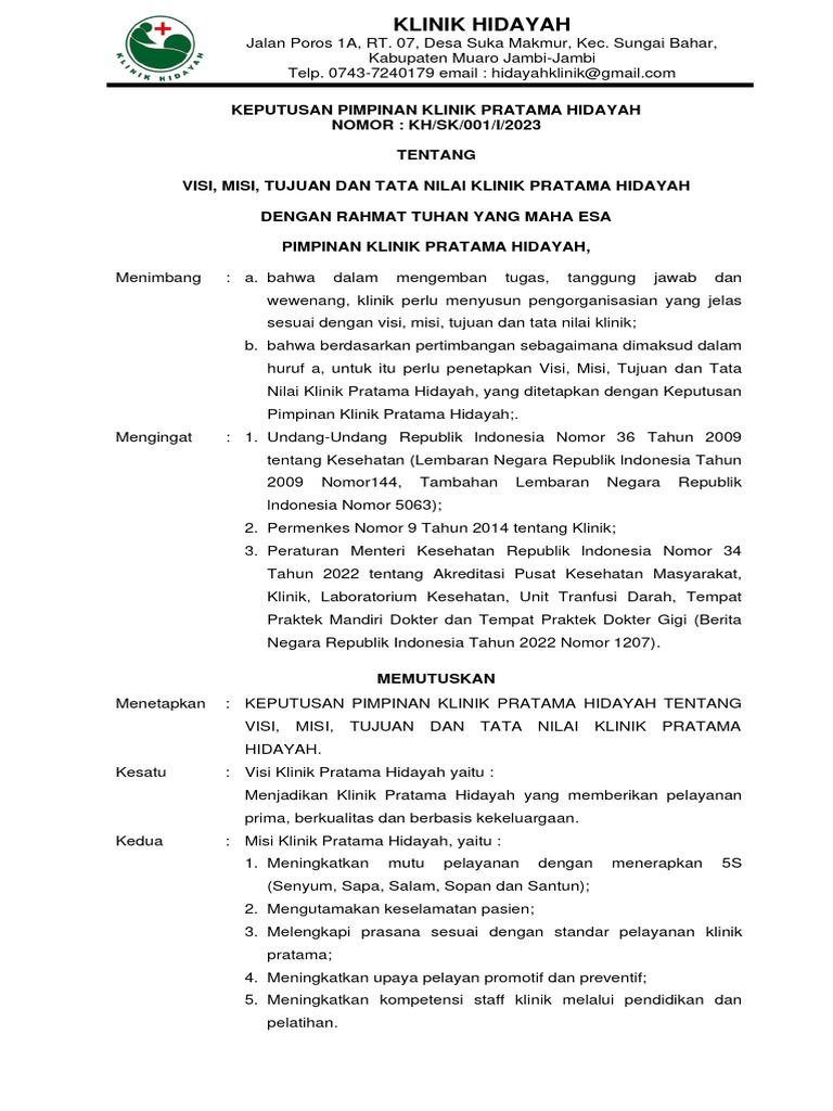 SK Visi Dan Misi Klinik Pratama Hidayah | PDF