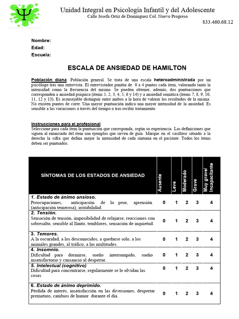 Escala de Ansiedad de Hamilton | PDF