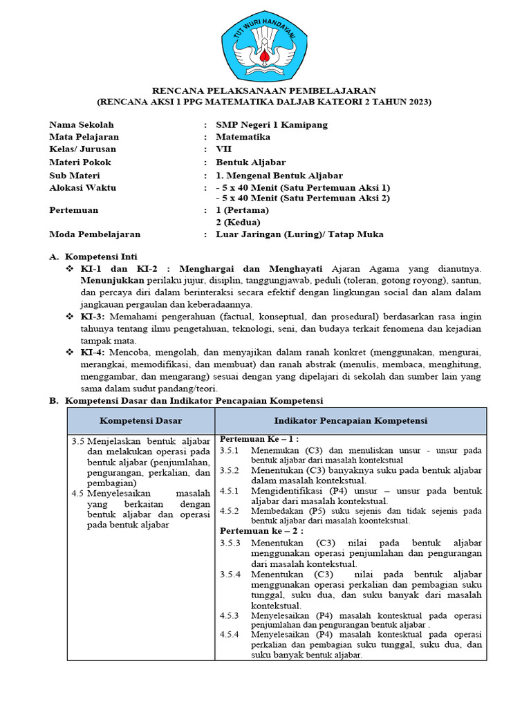 Rencana Aksi 1 RPP DL | PDF