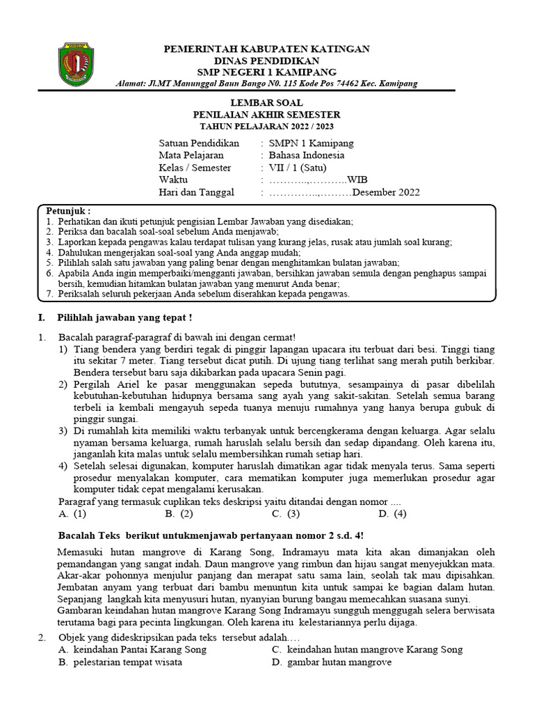 Soal PAS B.indo Kelas 7 K13 | PDF