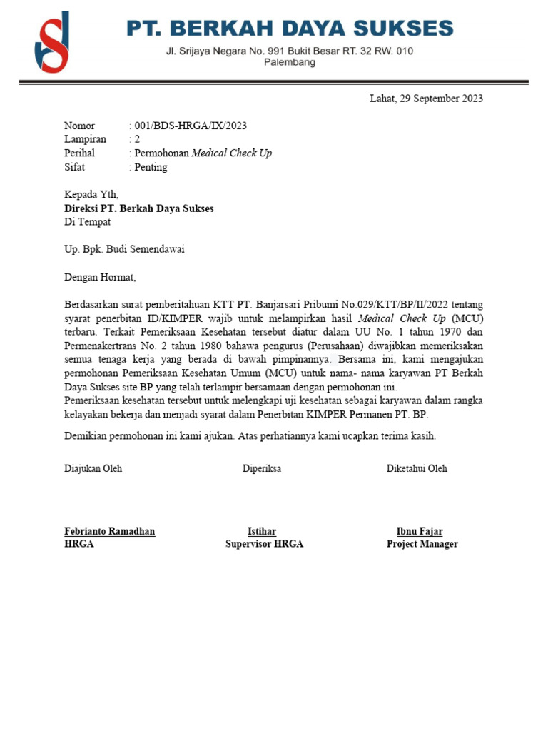 Surat Permohonan Mcu 2023 | PDF