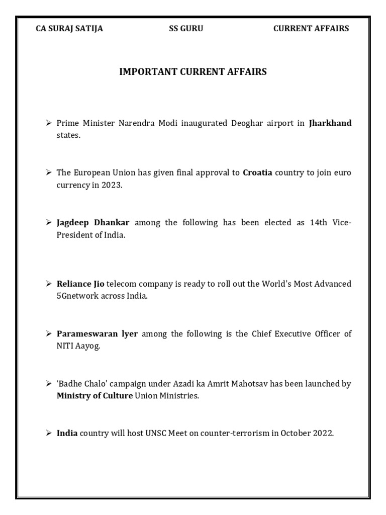 Current Affairs Highlights 2022 | PDF