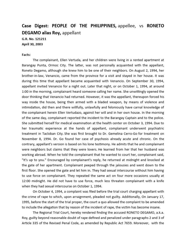 PEOPLE OF THE PHILIPPINES Appellee Vs RONETO DEGAMO Alias Roy Appellant ...