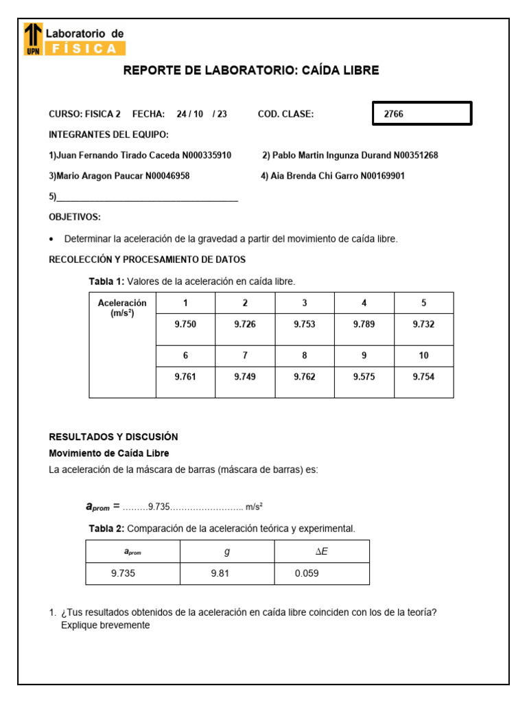 Reporte Lab Fisi1 s02 CL | PDF | Masa | Gravedad