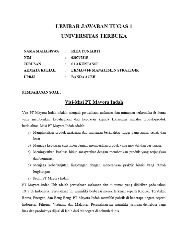Lembar Jawaban Tugas 1 Manajemen Strategik | PDF | Karier & Perkembangan | Bisnis