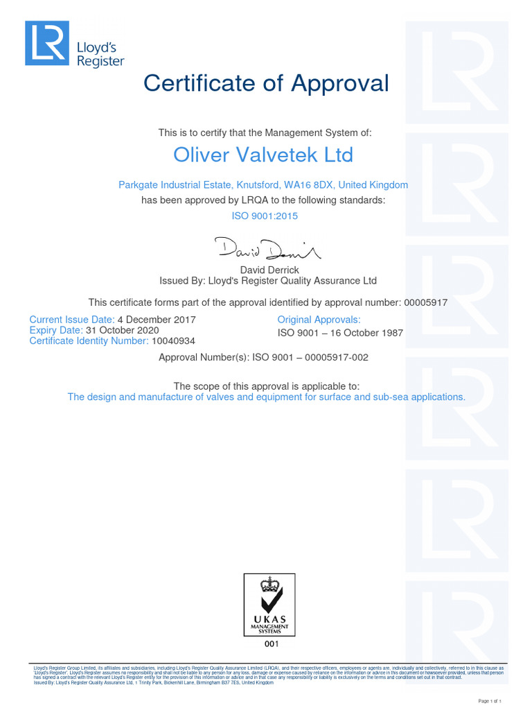 ISO 9001 2015 Oliver Valvetek Knutsford Cert 31 10 2020 | PDF