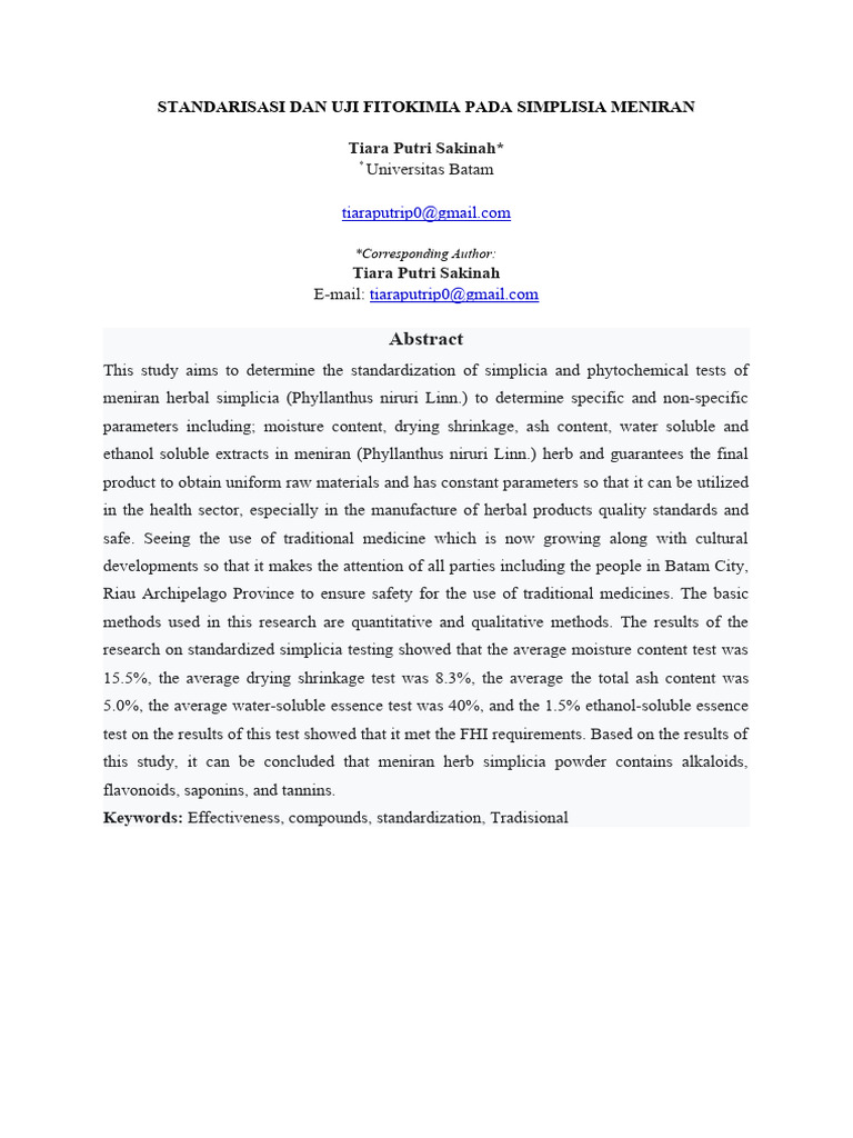 Jurnal Farmakognosi Uji Standarisasi Simplisia Dan Uji Fisikokimia Pada ...