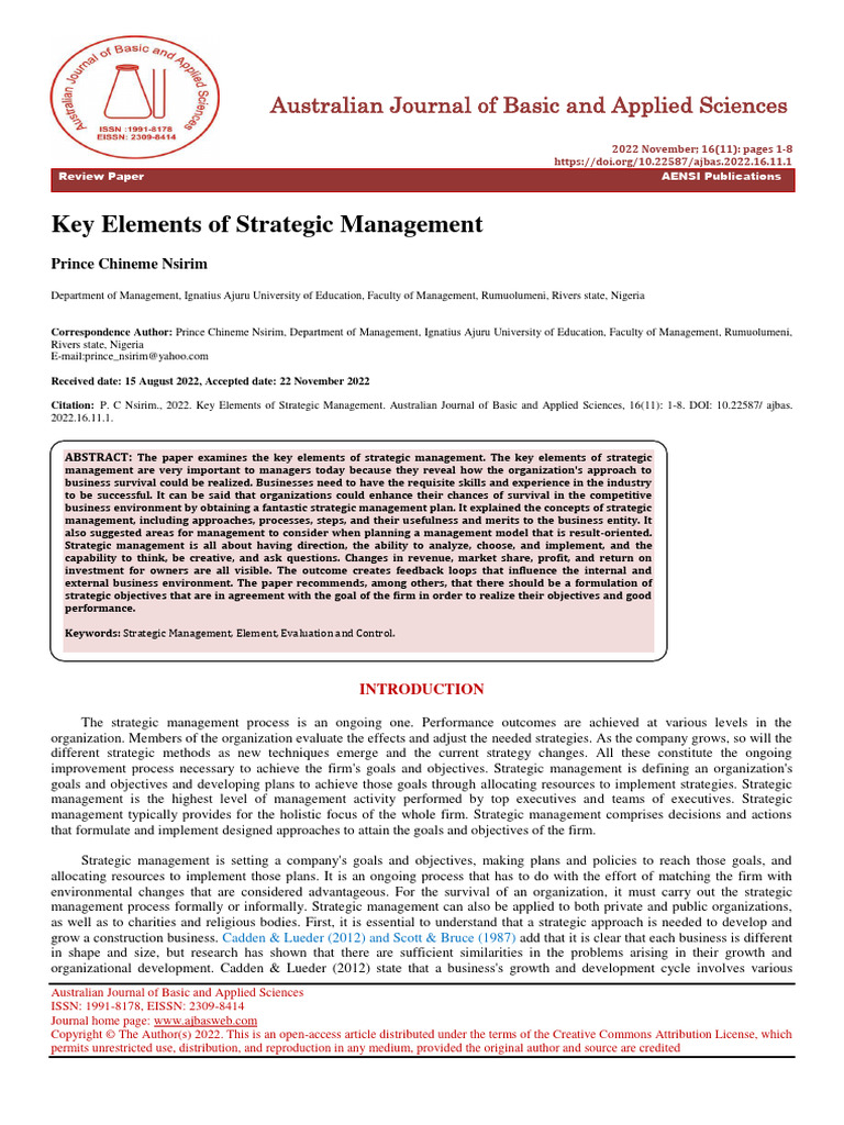 Key Elements of Strategic Management: Australian Journal of Basic and ...