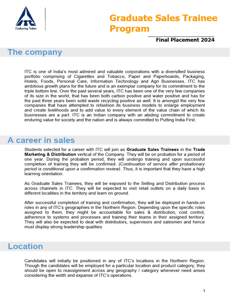 Graduate Sales Career in ITC - GSTR 2024 | PDF | Sales | Business Economics
