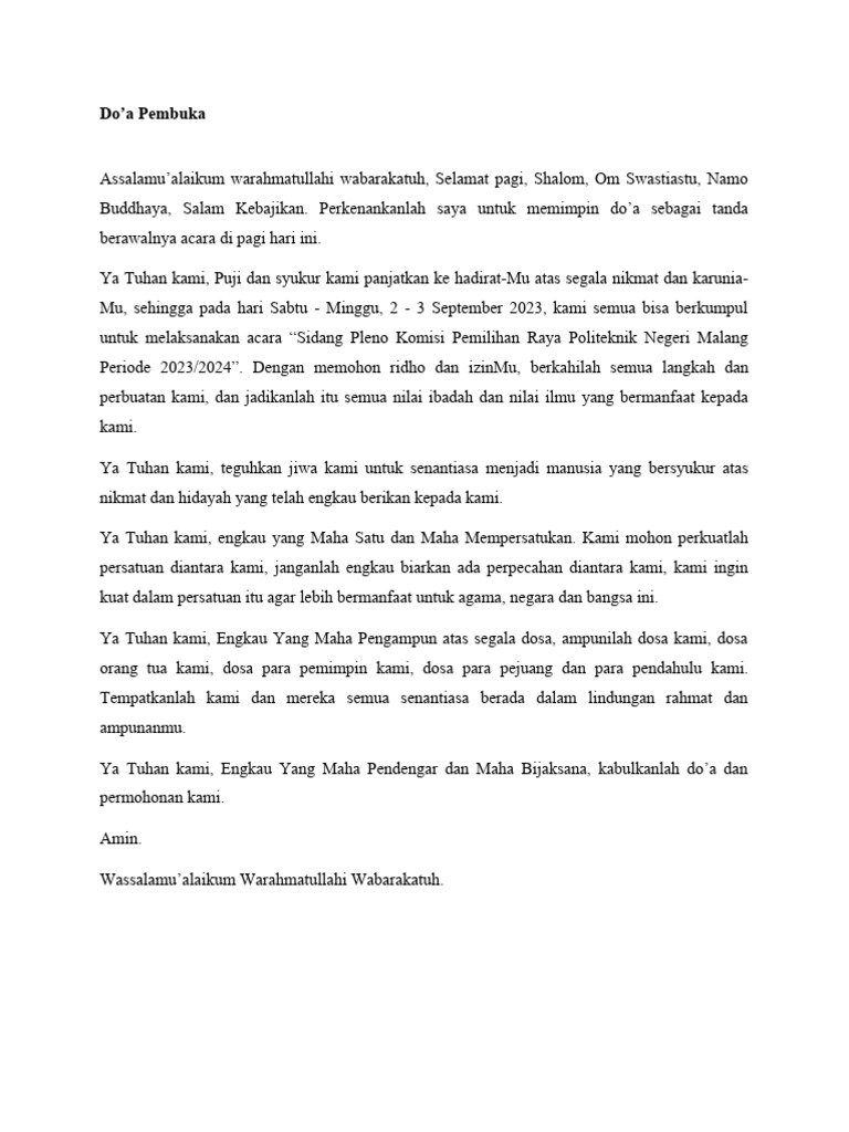 Teks Doa Sidang Pleno Pemira | PDF