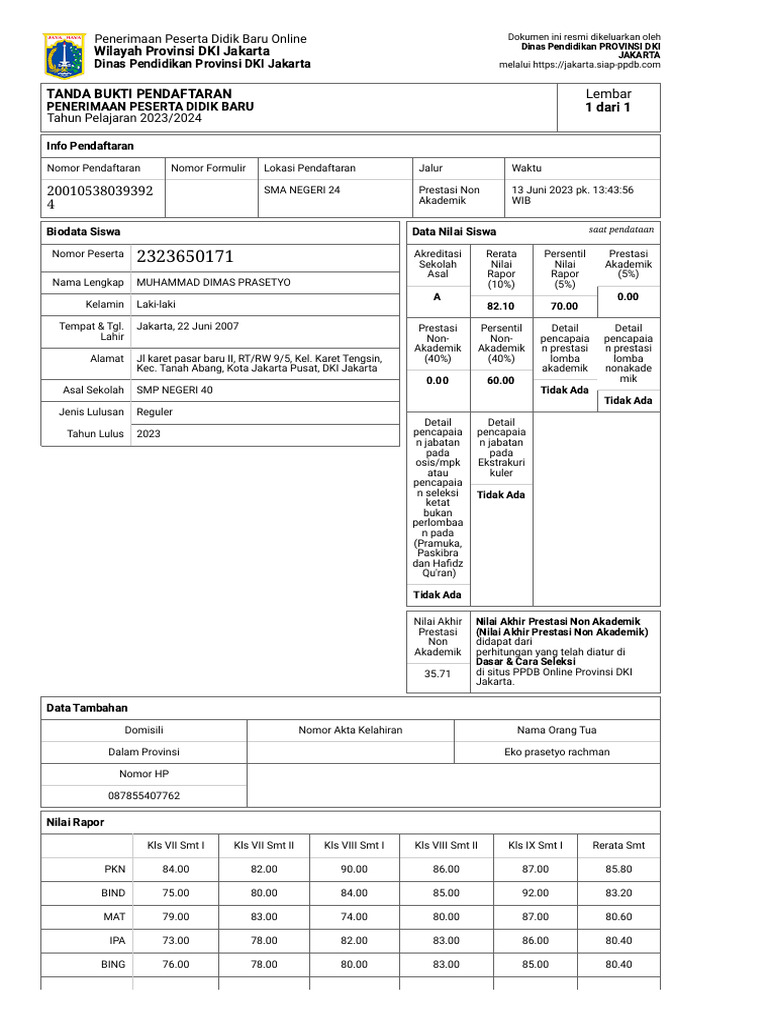 Tanda Bukti Pendaftaran - 2323650171 - MUHAMMAD DIMAS PRASETYO | PDF