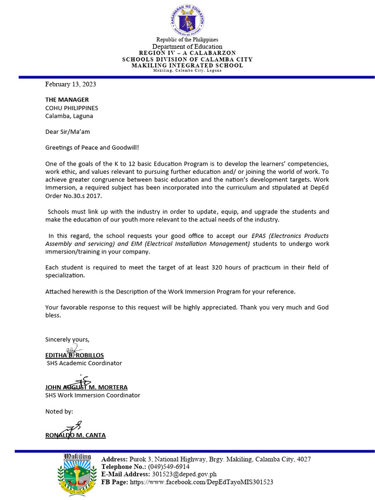 Work Immersion Partnership Proposal 2023 | PDF | Personal Protective ...