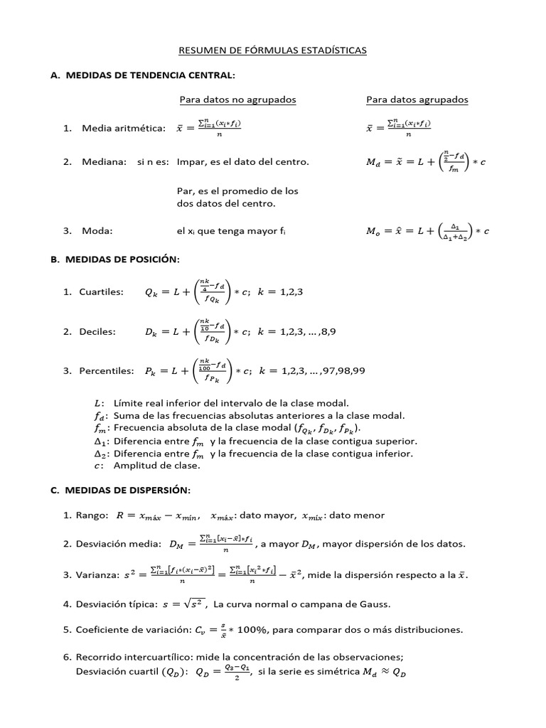 Resumen formulas Estadísticas | PDF | Muestreo (Estadísticas)