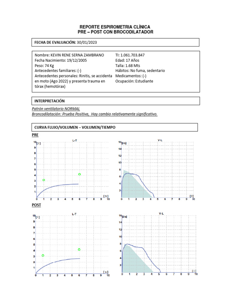 Espiro Kevin Rene Serna Zambrano Pre-Post | PDF | Salud y bienestar | Tecnología