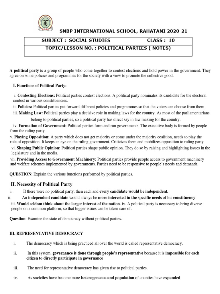 CLASS10-SST-CIVICS-political parties_notes | PDF | Elections ...