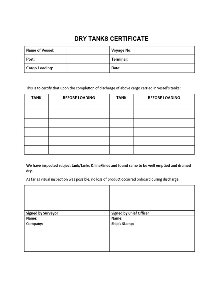 Dry Tanks Certificate Template-1 | PDF